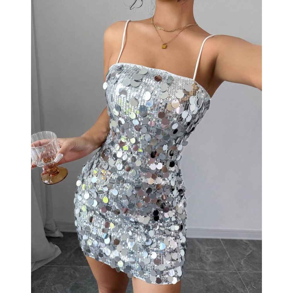 Payetli Shiny Mini Lolita Elbise - Silver | Lolilatte