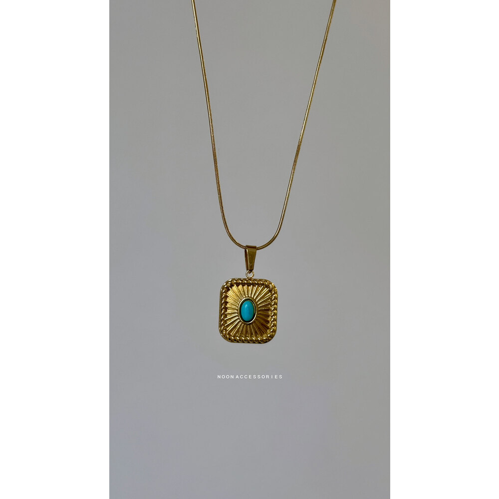 Çelik | Mavi Taşlı Kare Plaka Kolye | NOON ACCESSORIES