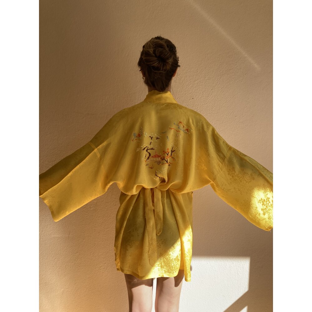 Sarı İpek Saten Mini Kimono | Vetiver Vintage