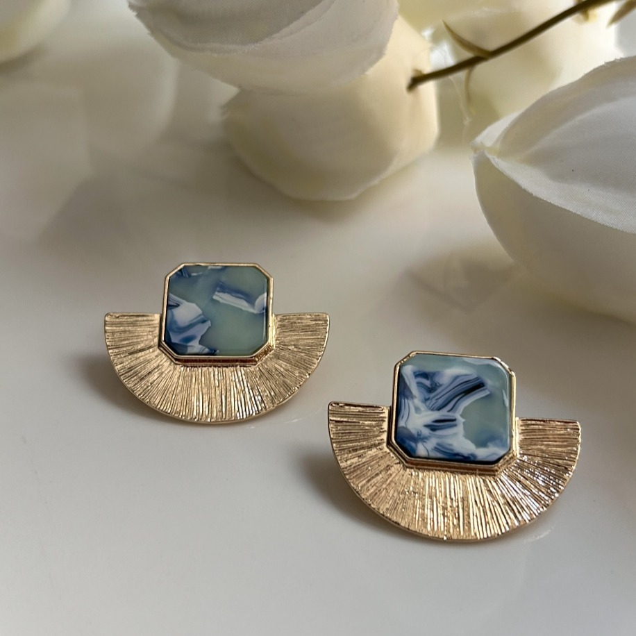 SİENA Mavi Kare Form Küpe-Yelpaze Detaylı Modern Bijuteri | BİJUKO TAKI