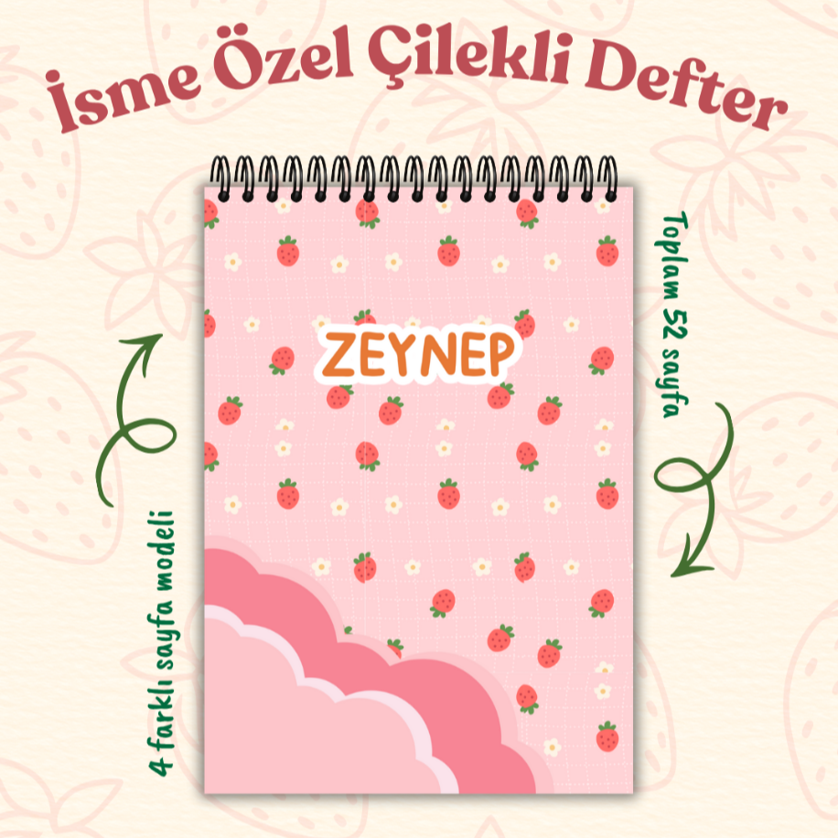 Kişiye Özel Çilek Temalı Telli Defter A5 | deydaatolye