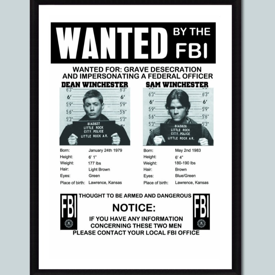 Supernatural | Wanted FBI | A3 Çerçeveli Poster | Juan Wear
