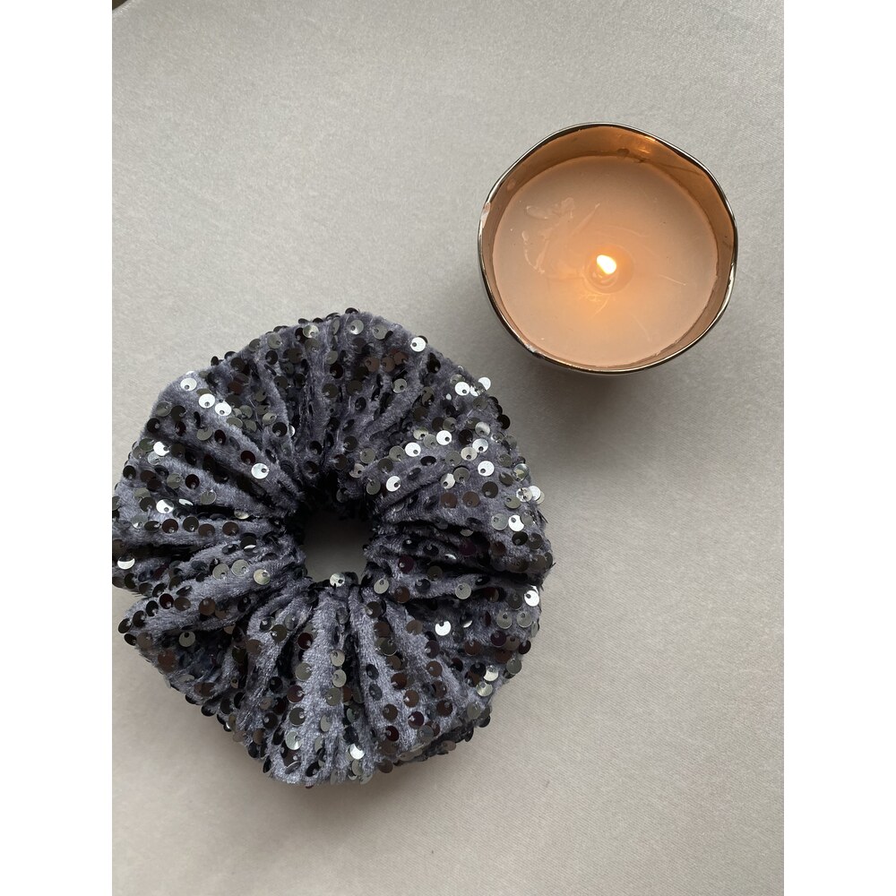 Gray Velvet Sequin Scrunchie | La Pearly’s
