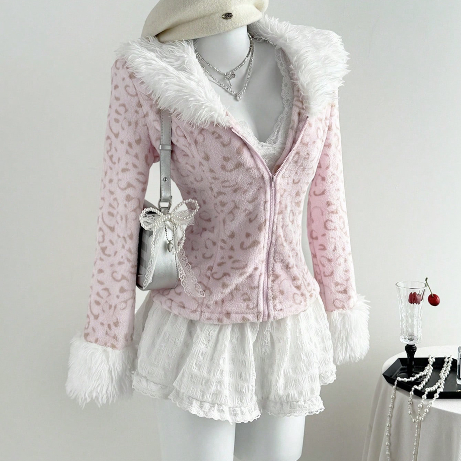 Pembe leoparlı kürklü ceket | lolisha