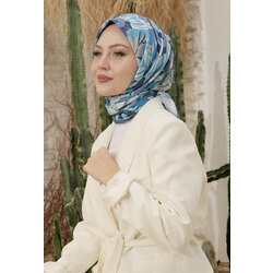 Mavi - Lotus Desen Pamuk Eşarp | Bus Scarf