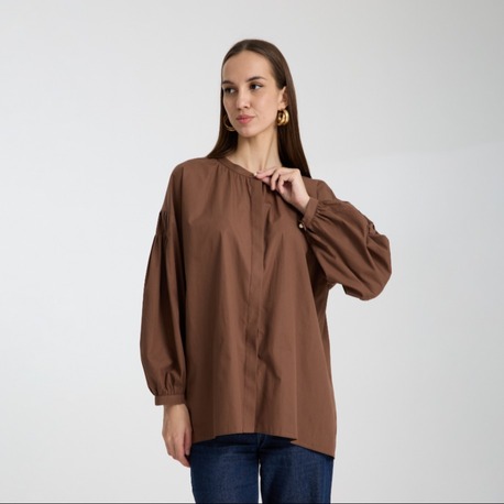 BALON KOL POPLİN GÖMLEK KAHVERENGİ | Edda Moda