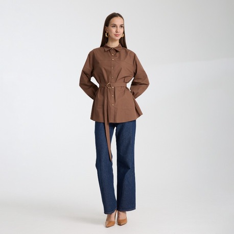 KEMERLİ POPLİN GÖMLEK KAHVERENGİ | Edda Moda
