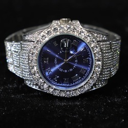 Blue Case Silver İced Out Watch | elezjewelry