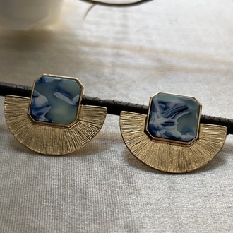 SİENA Mavi Kare Form Küpe-Yelpaze Detaylı Modern Bijuteri | BİJUKO TAKI