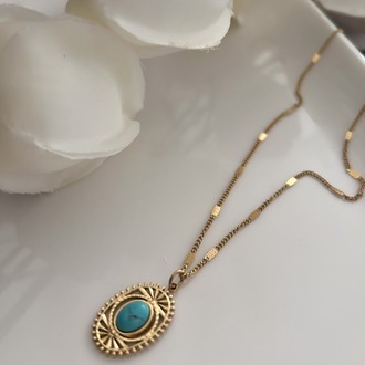 CAPELLA Turkuaz Taşlı Oval Çerçeve Detaylı Gold Çelik Kolye | BİJUKO TAKI