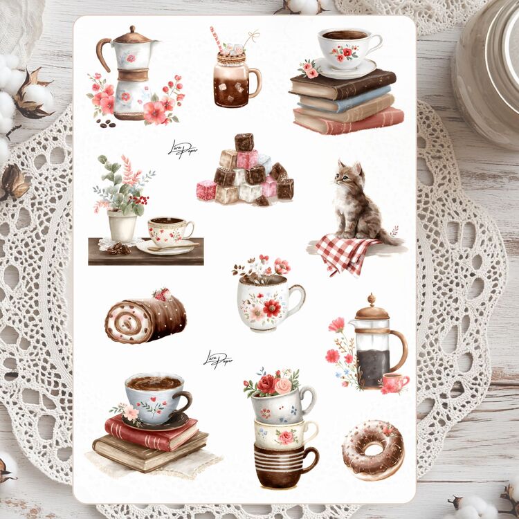 Flowery Coffee Shop Sticker Seti | Lara Paper Sticker